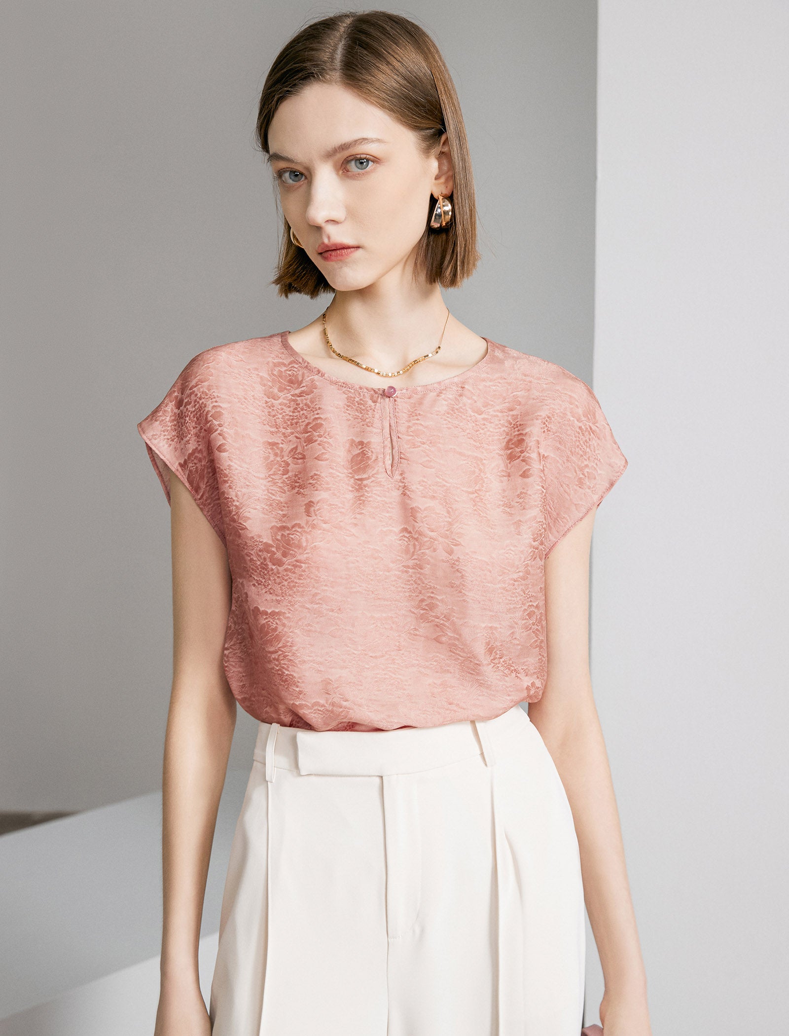 Floral Jacquard Round Neck Keyhole Detail Cap Sleeve Top