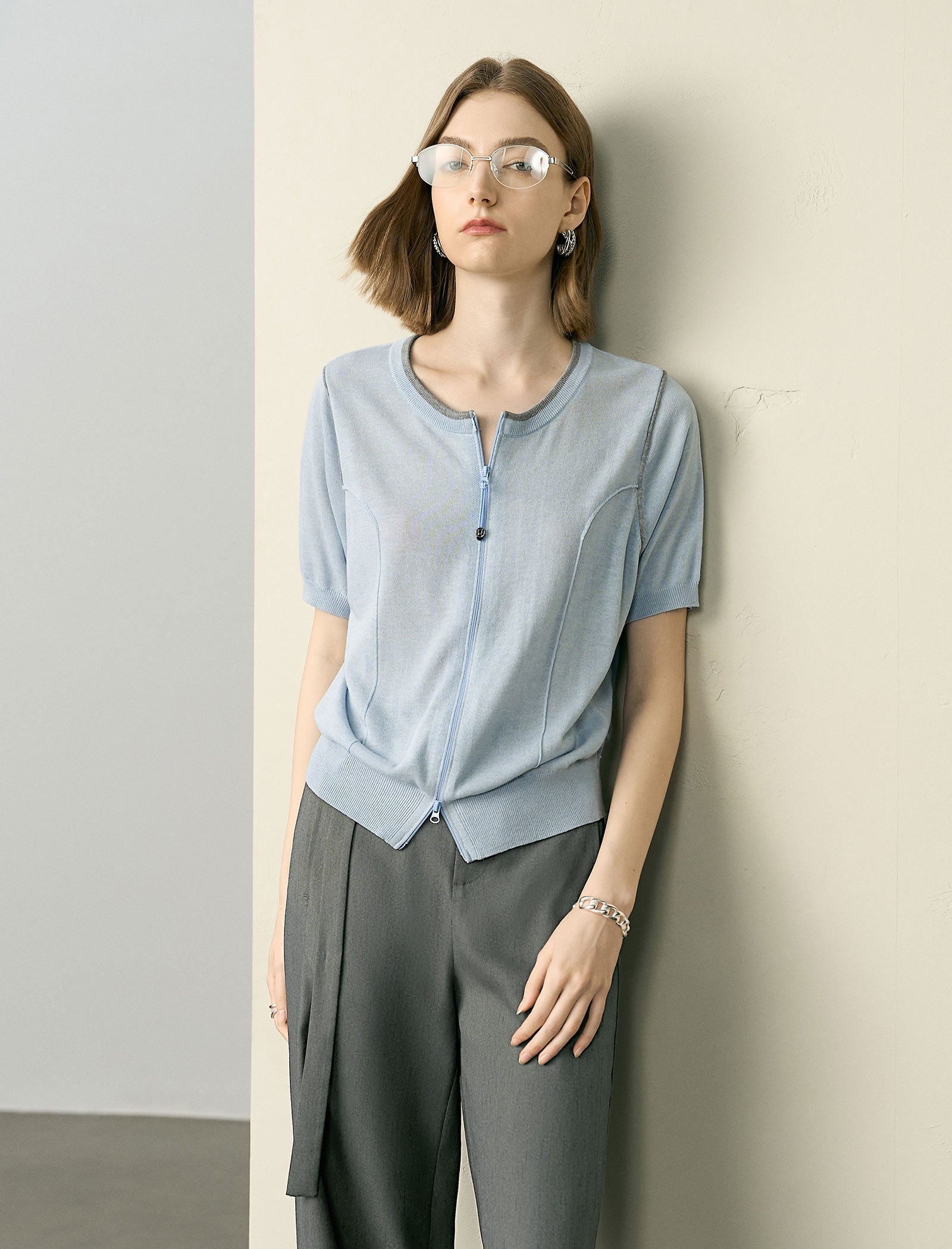 Tencel Linen Blend Zip Front Knit Top